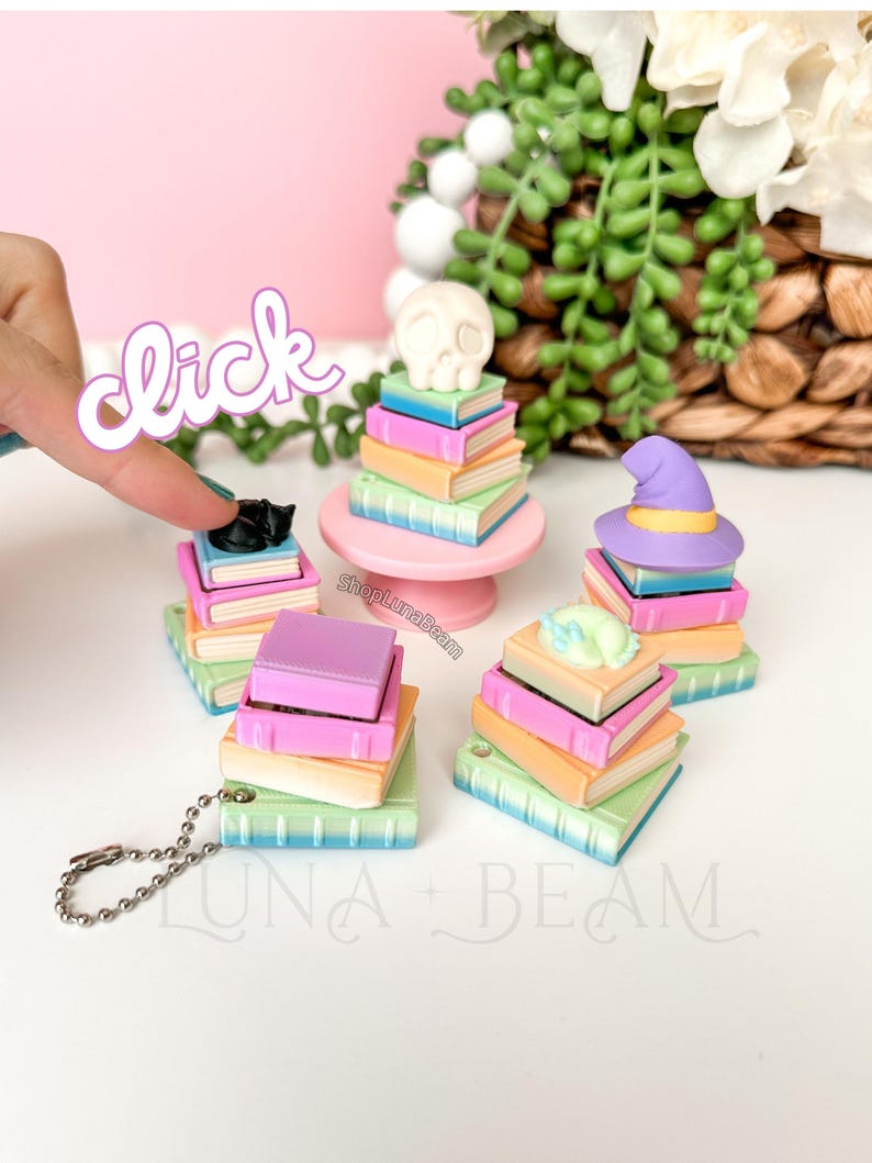 Pastel Rainbow Book Stack Clicky Fidget Keychain | 3D Printed Mini Book ...