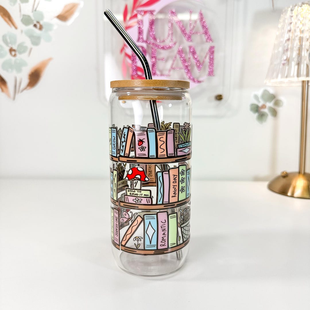 20oz Glass Cup With Lid and Straw, Bookshelf Glass, Iced Coffee Cup ...