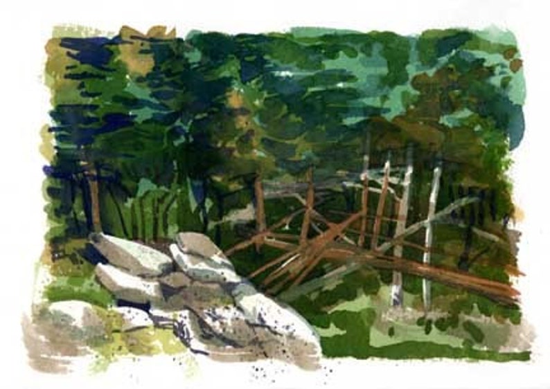 Landscape Painting Watercolor Print of New Haven Scene Trees Rocks ...