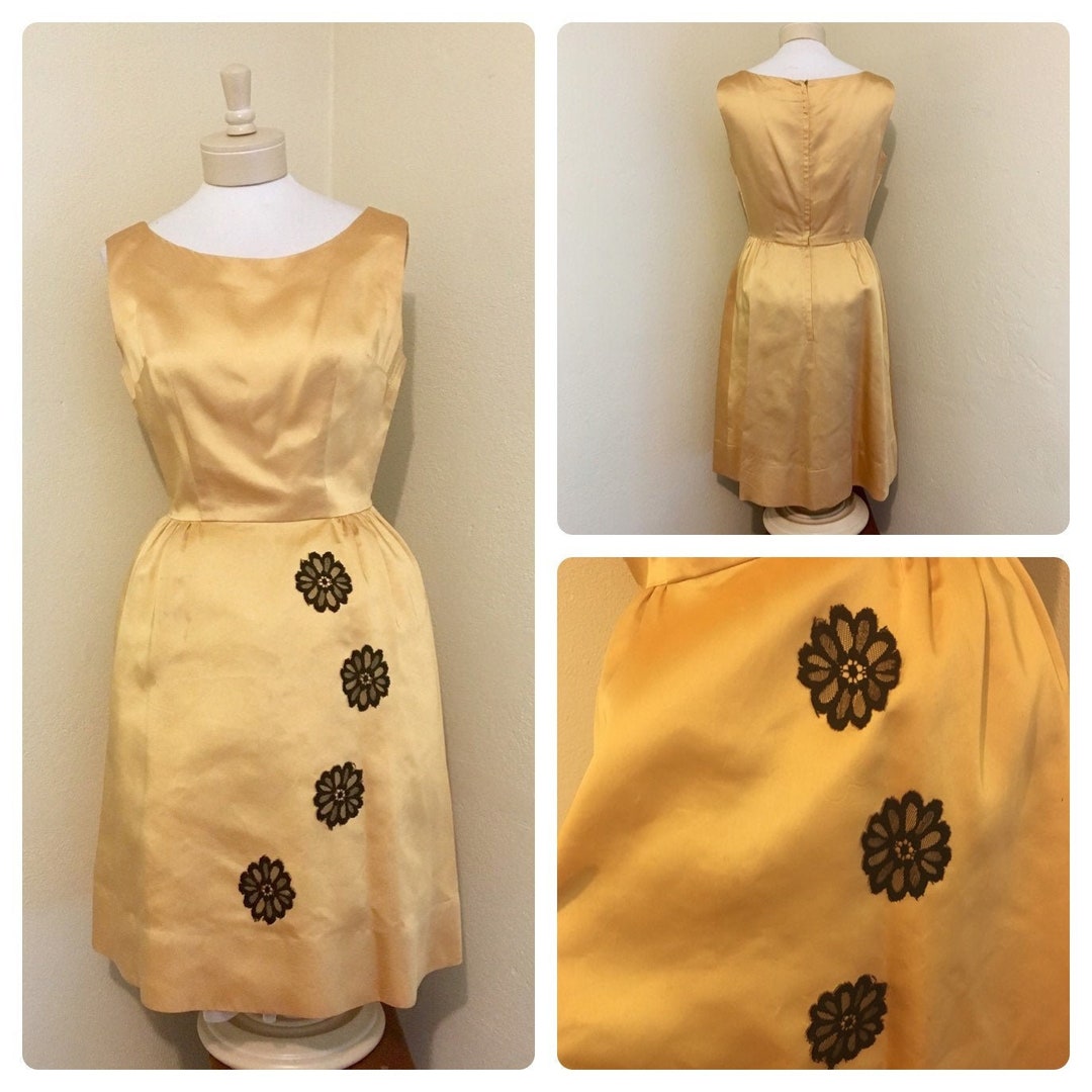 Vtg 50s 60s Rockabilly Gold Mustard Yellow Satin Wiggle Shift Dress W ...