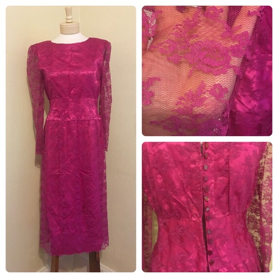 VTG 1950's 1960s 1970's Fuchsia Pink Lace Overlay Coc… - Gem