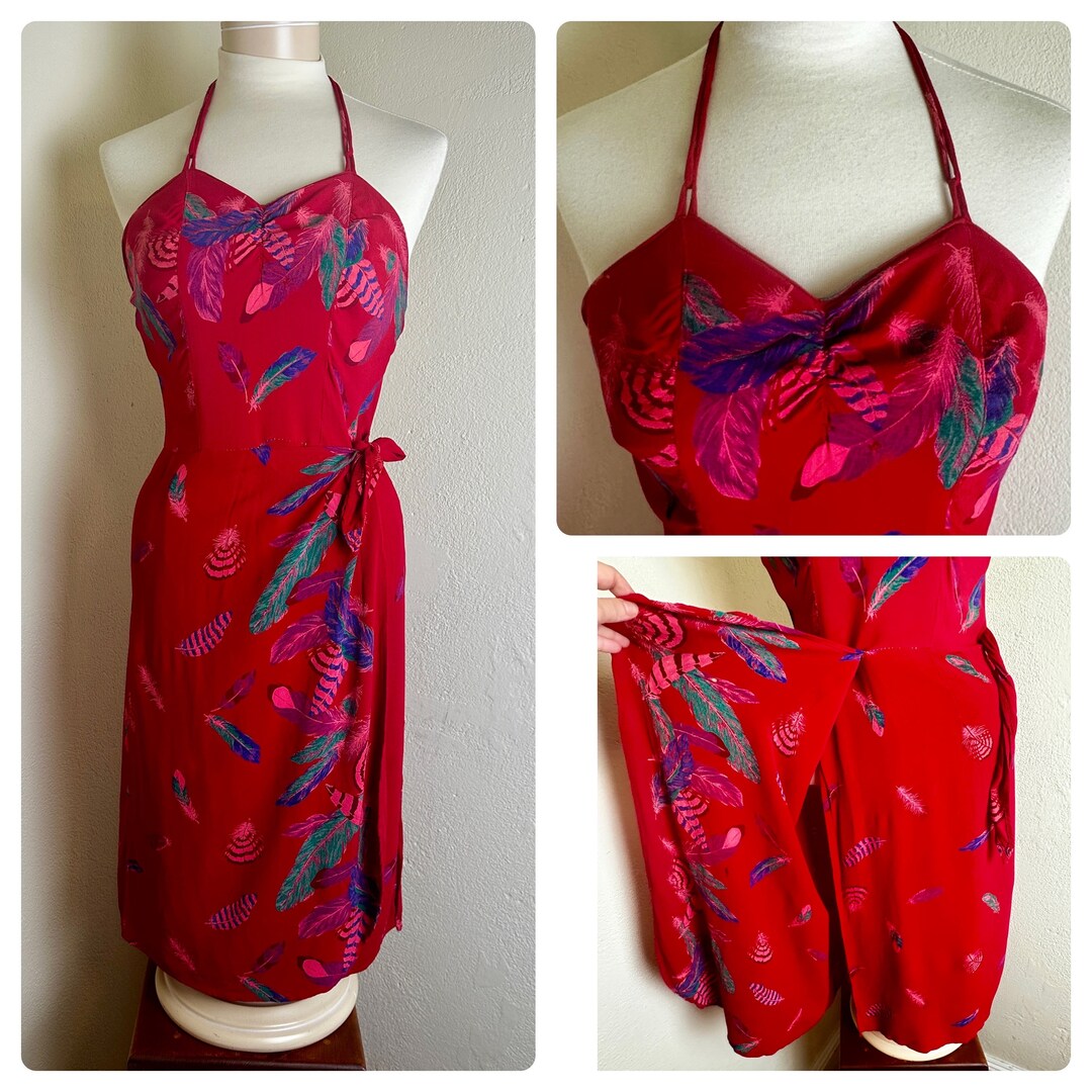 Vintage 1970's Does 1950's Red Feather Print Sarong Halter Dress ...