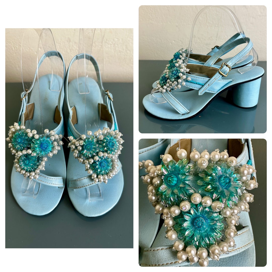 RARE Vintage 1960s 1970s Vagabonds Baby Blue Beaded Sandals Heels Retro ...