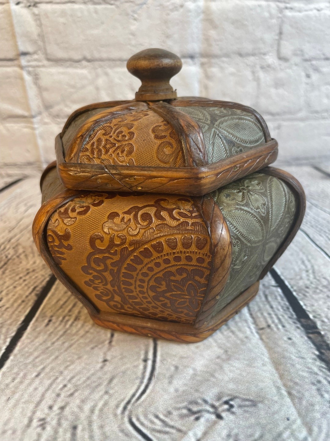 Jar Container Spices Leather Wood Yellow Green Engraved Lid Vintage ...