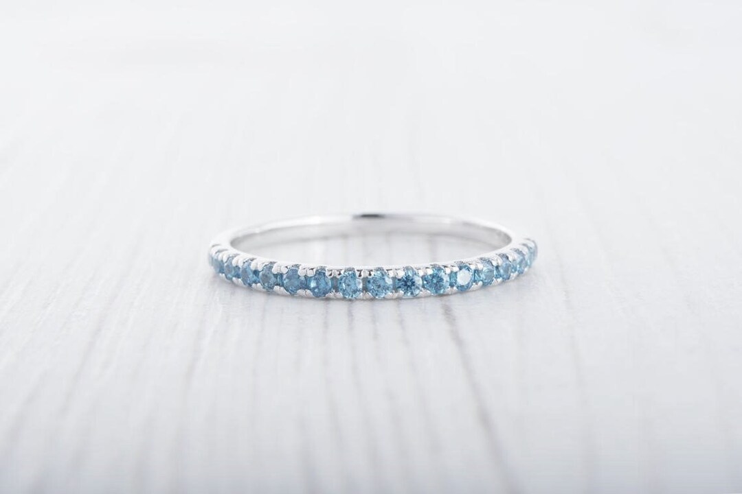 2mm Wide Natural Blue Topaz Half Eternity Ring in Titanium, White Gold or Silver - Stacking Ring ...