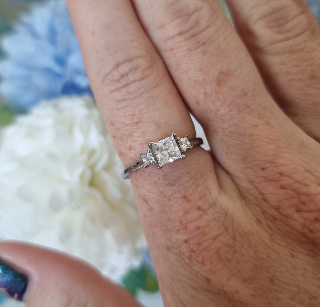 Princess Cut Simulated Diamond 3 Stone Trilogy Ring in White Gold or ...