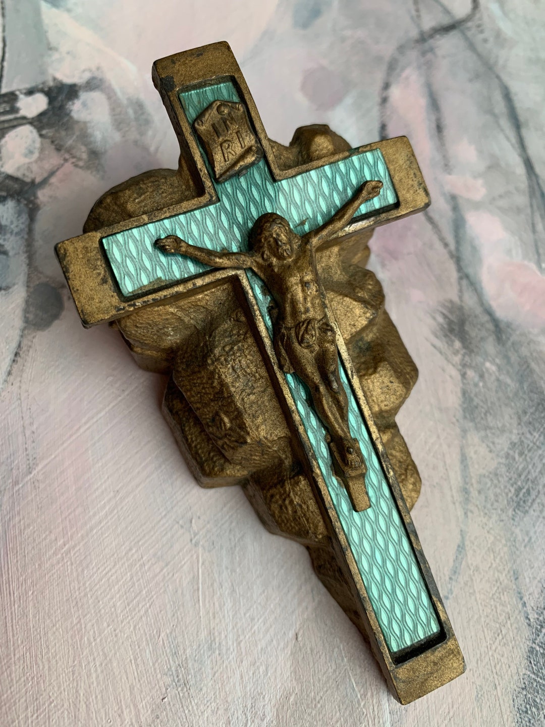 Rare Antique Metal Tabletop Crucifix Prone Upon a Hill Diecast Home ...