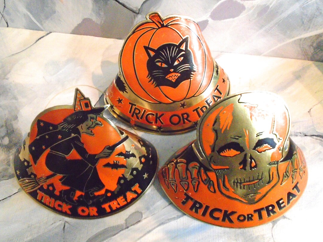 Vintage HALLOWEEN Party Hats Lot Skull Black Cat Witch Foil NOS Tmb - Etsy
