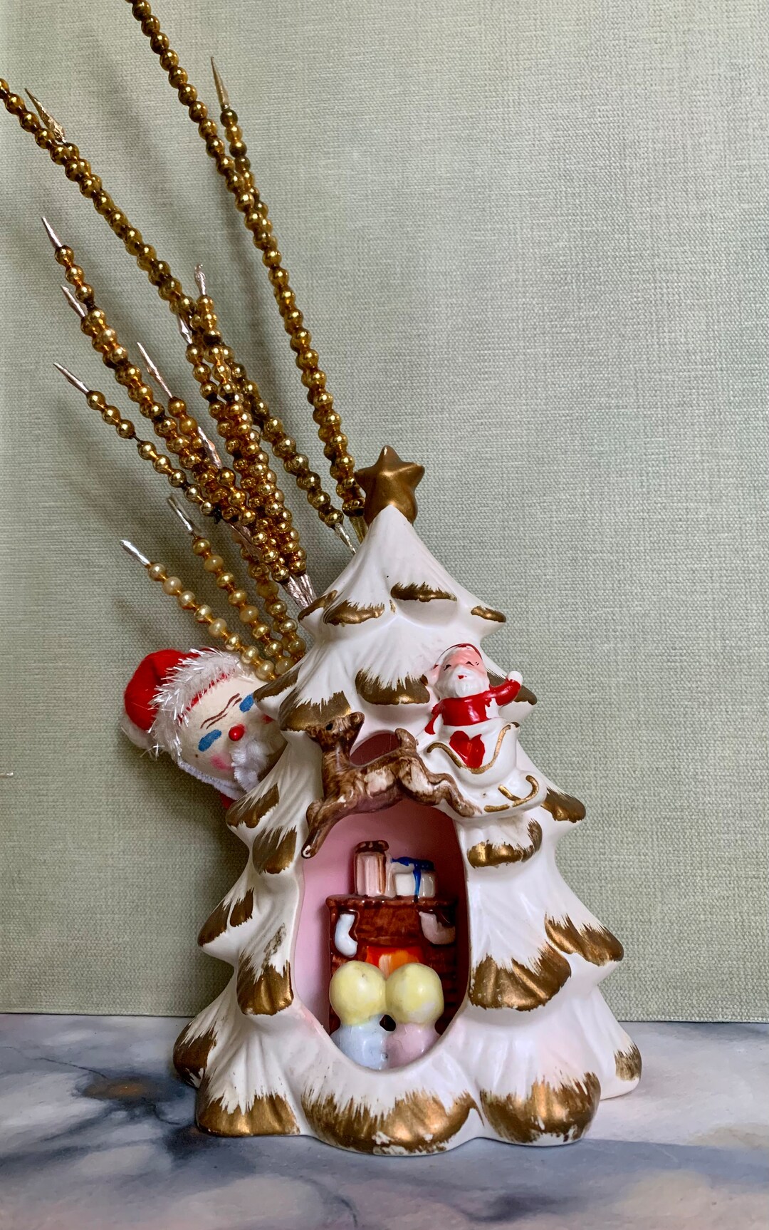 NAPCO White & Gold Fireplace Planter Tree House Flying Reindeer and ...