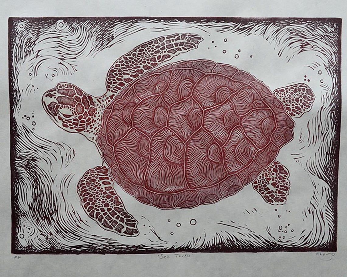 Original Handmade Large Linocut Print 'sea Turtle' - Limited Edition - Etsy