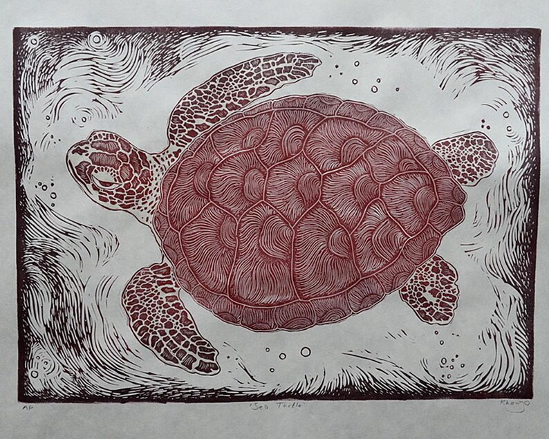 Original Handmade Large Linocut Print 'sea Turtle' - Limited Edition - Etsy