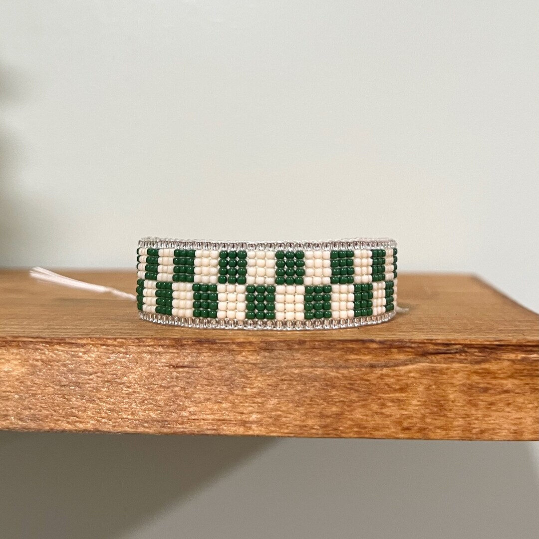 Green and White Checkered Beadwoven Bracelet, Beaded Loom Checkered ...