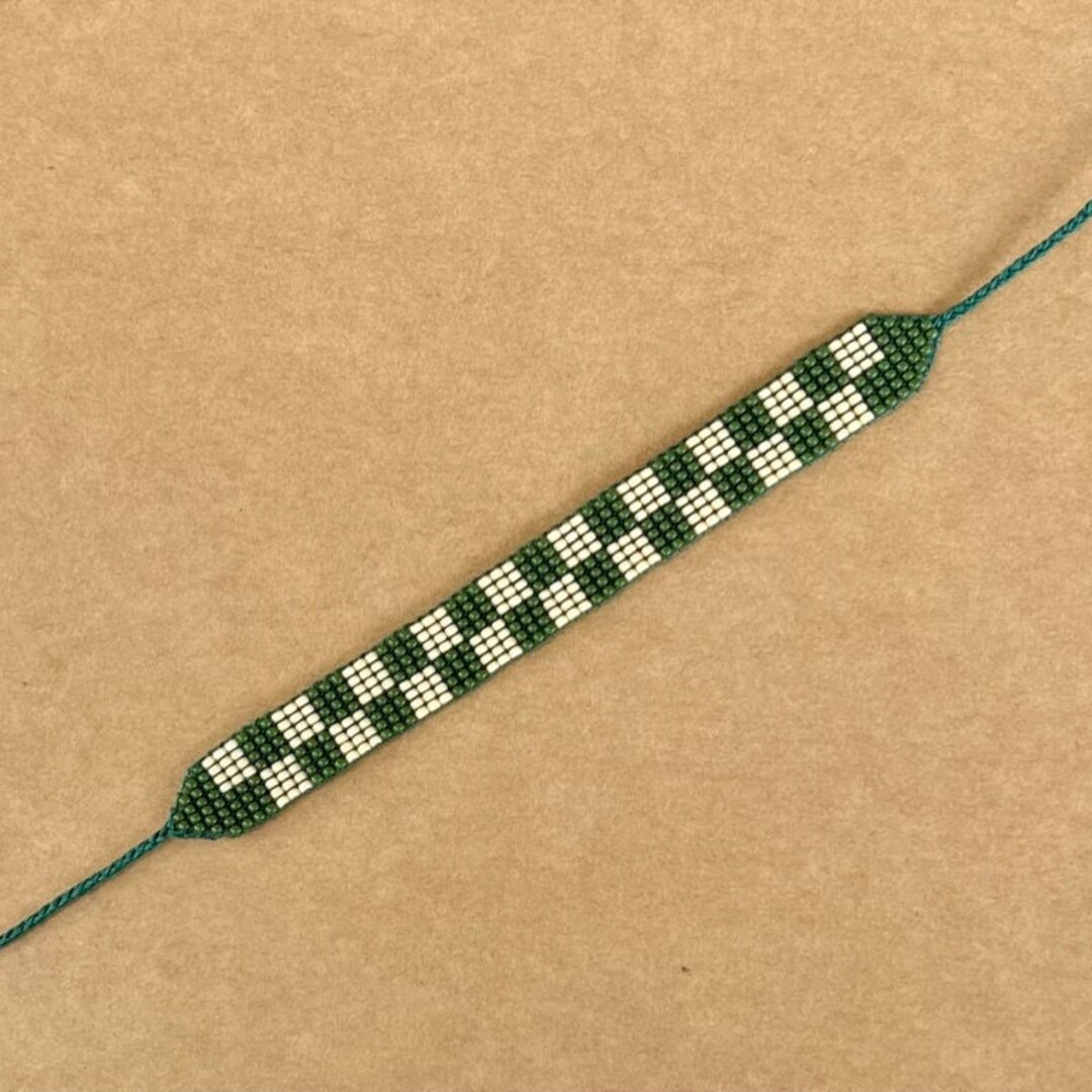 Checkered Bracelet, Olive Green and Cream, Slim Handmade Beadwoven ...