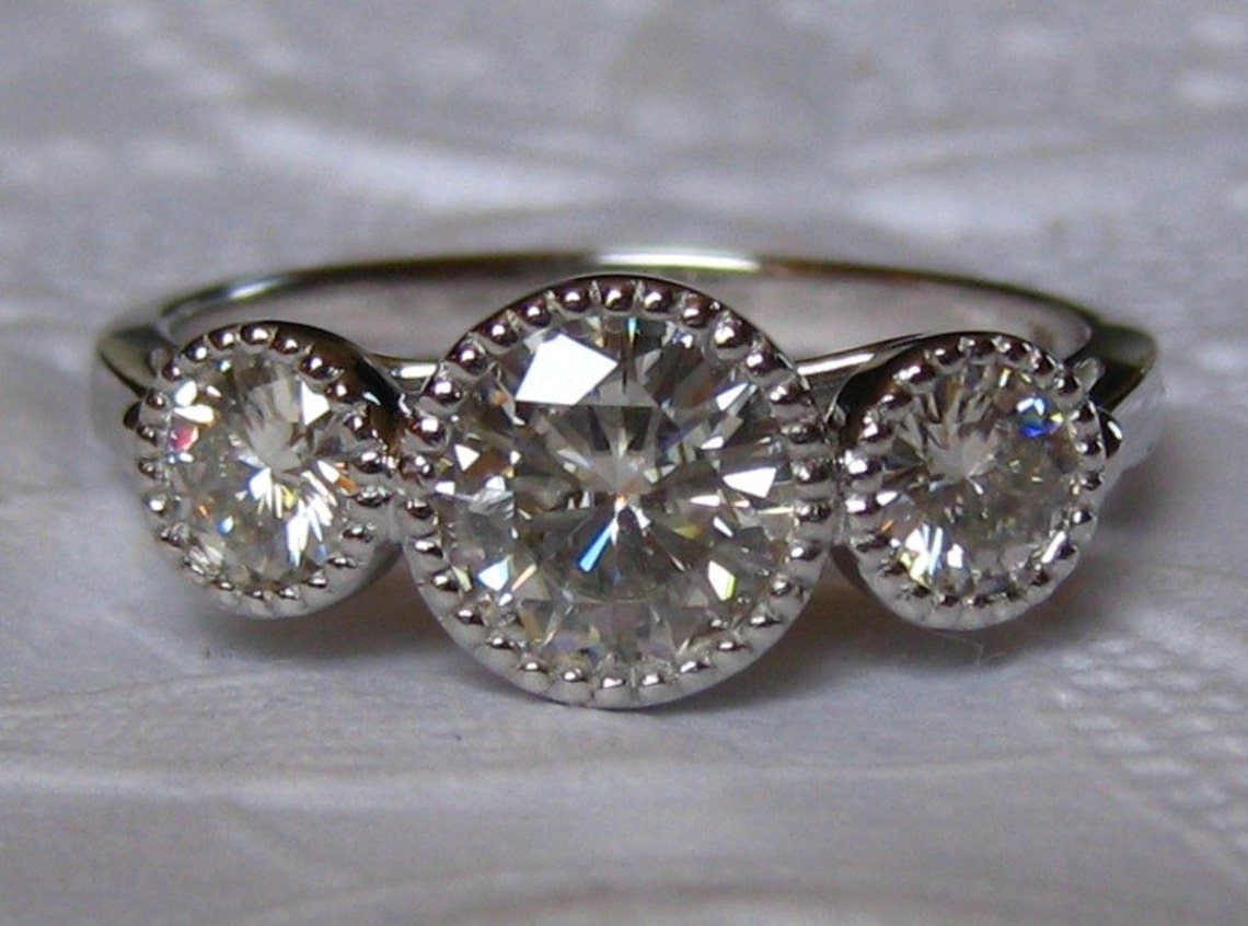 Three Stone Moissanite Engagement Ring In White Gold Milgrain Etsy