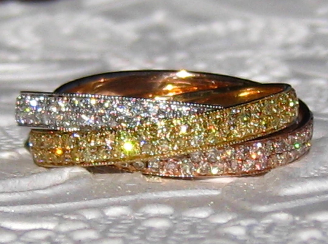 14K Gold Tri-color Rolling Ring With Hand Milgrain, Diamond Eternity ...