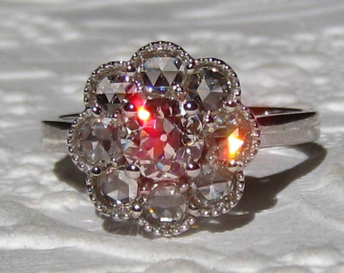Daisy Diamond Engagement Ring Mount, Rose Cut Diamonds in White Gold ...