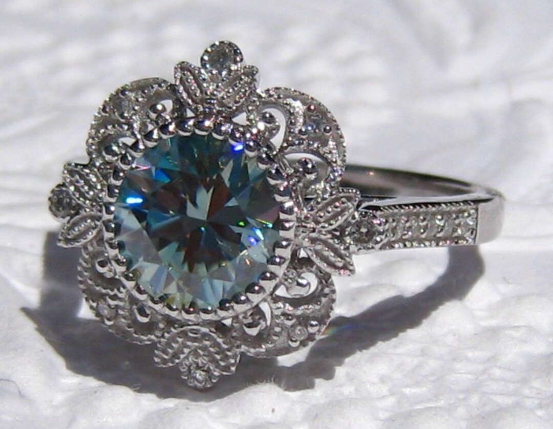 Blue Moissanite Engagement Ring, Blue Moissanite Filigree Diamond ...