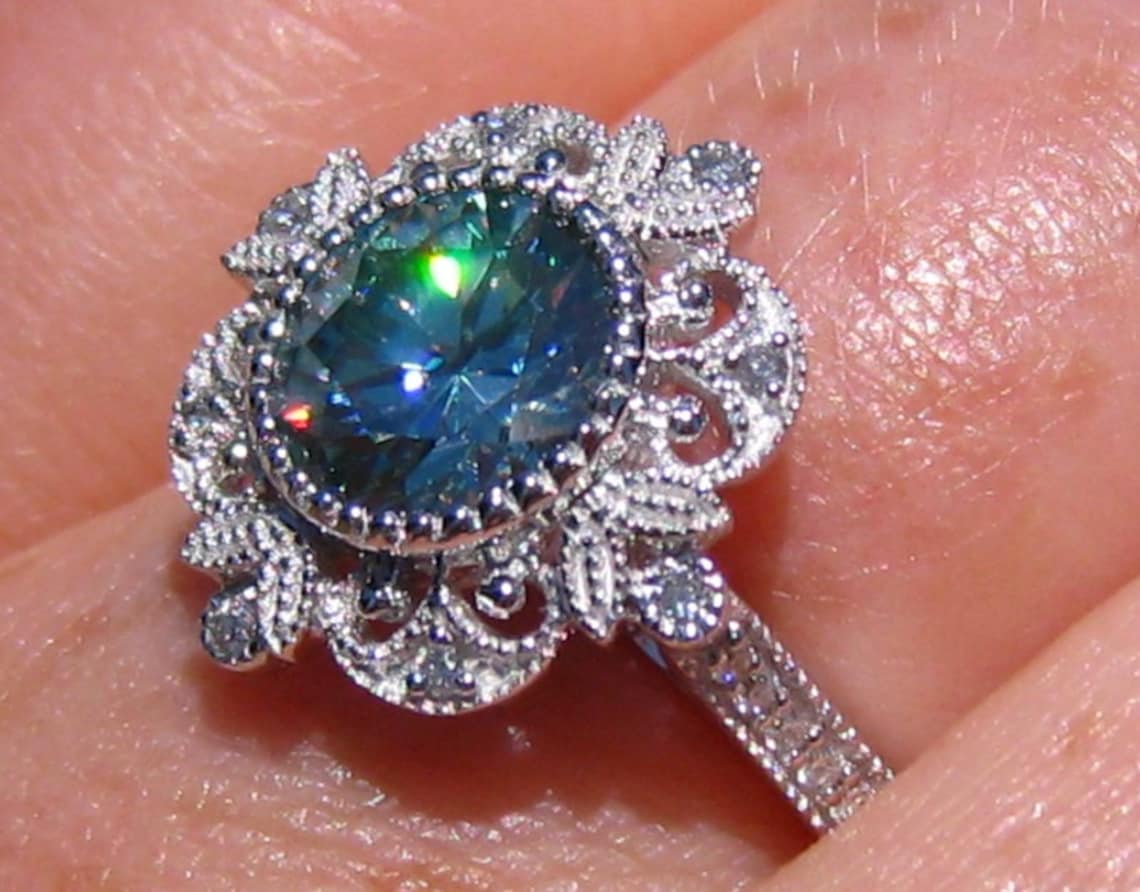 Blue Moissanite Engagement Ring Blue Moissanite Filigree - Etsy