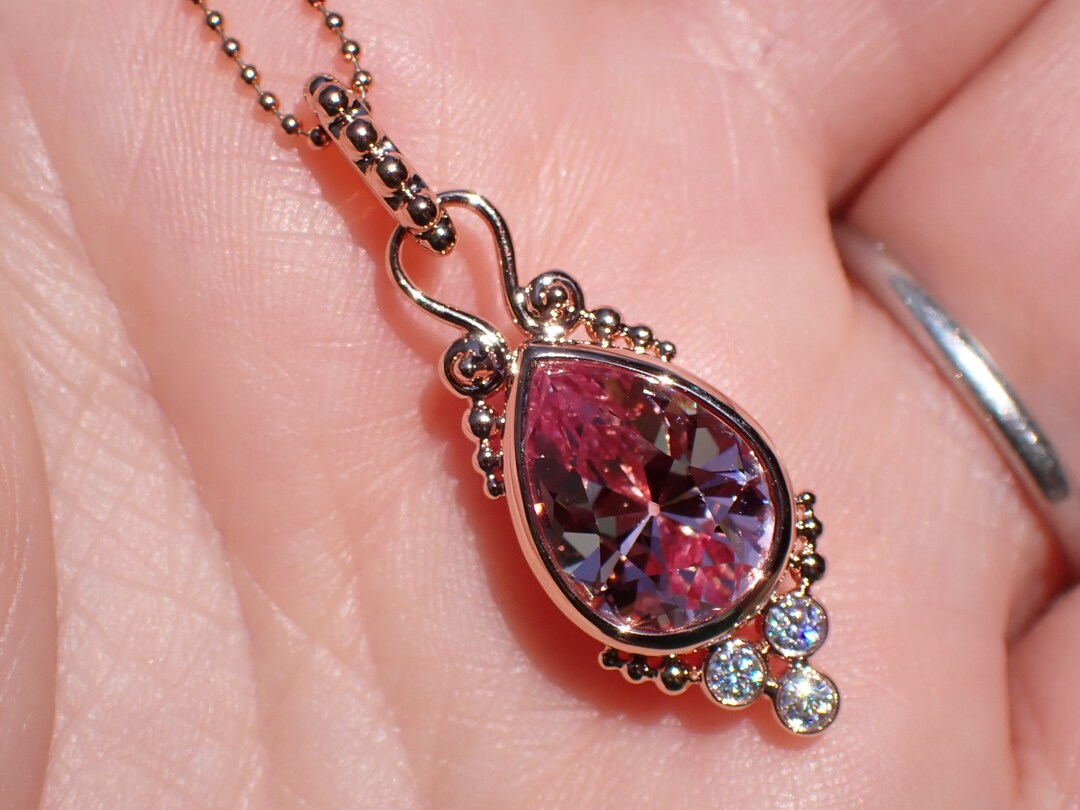 Antique Pear Cut Peach Pink Lab Sapphire in 14K Rose Gold Moissanite ...