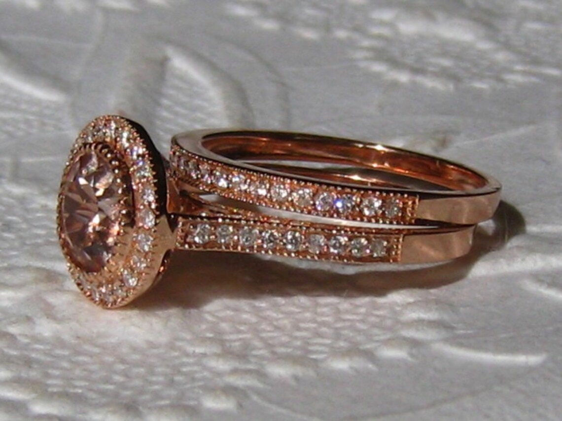 Milgrain Bezel Wedding Set: Rose Gold Engagement Ring Mount and Wedding ...