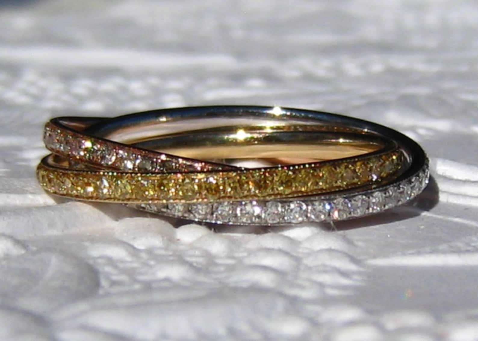 14K Gold Tri-color Rolling Ring With Hand Milgrain Diamond - Etsy