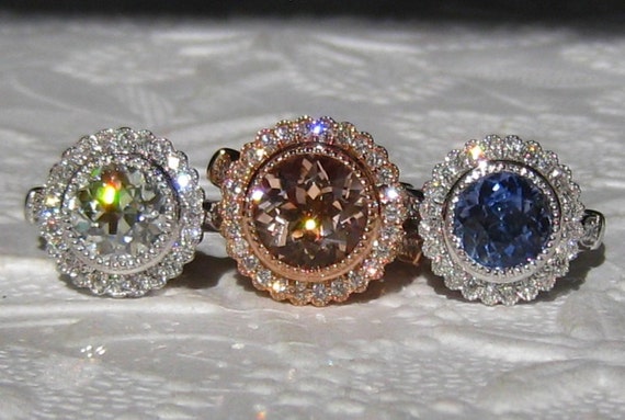 Vintage Floral Gerbera Daisy Diamond Halo Engagement Ring Mount in White Yellow or Rose Gold Custom Design by Julia B Jewelry Etsy