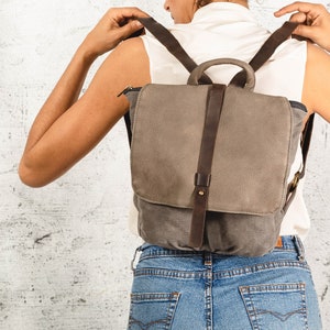 Gray Canvas Leather Backpack - Etsy
