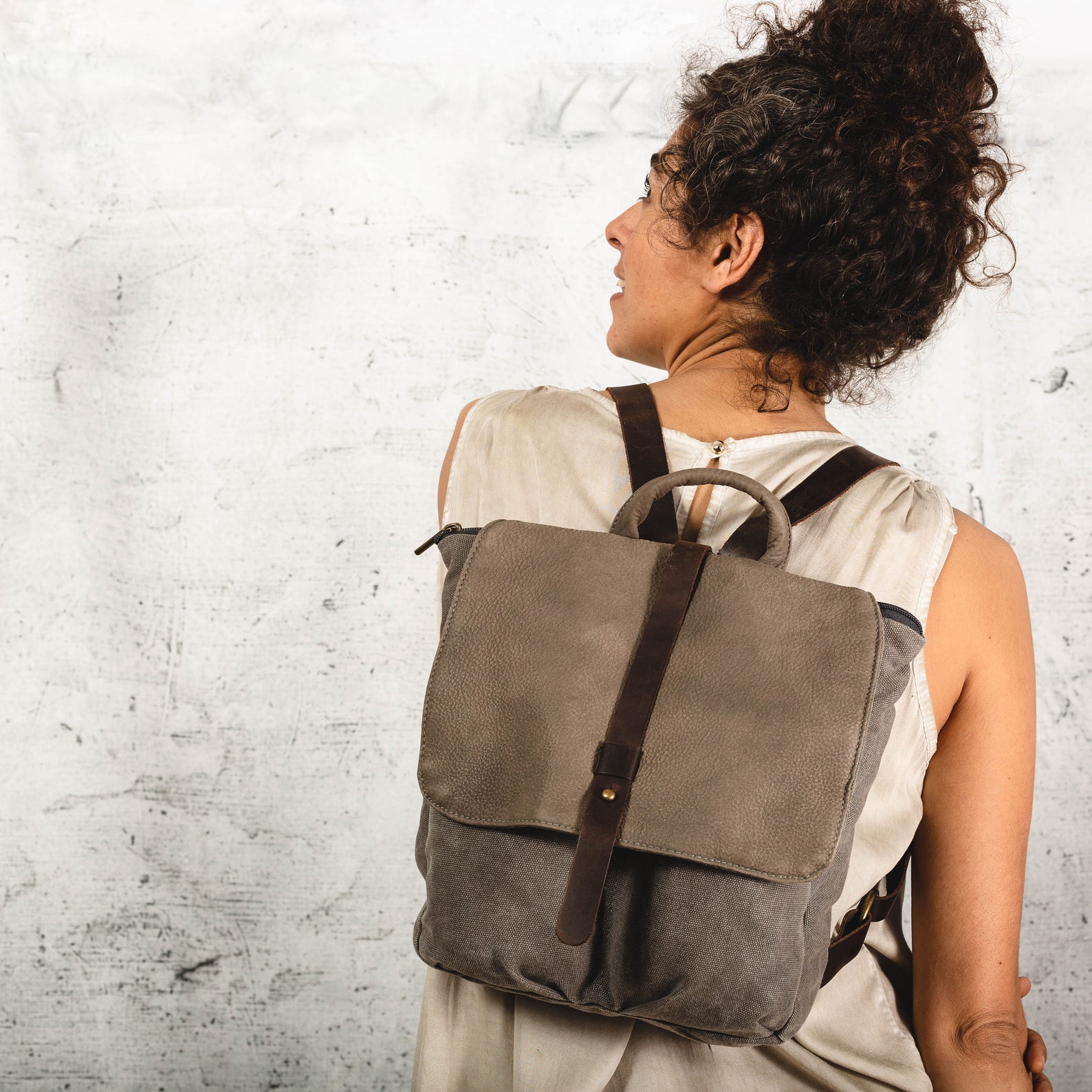 Gray Canvas Leather Backpack | Etsy