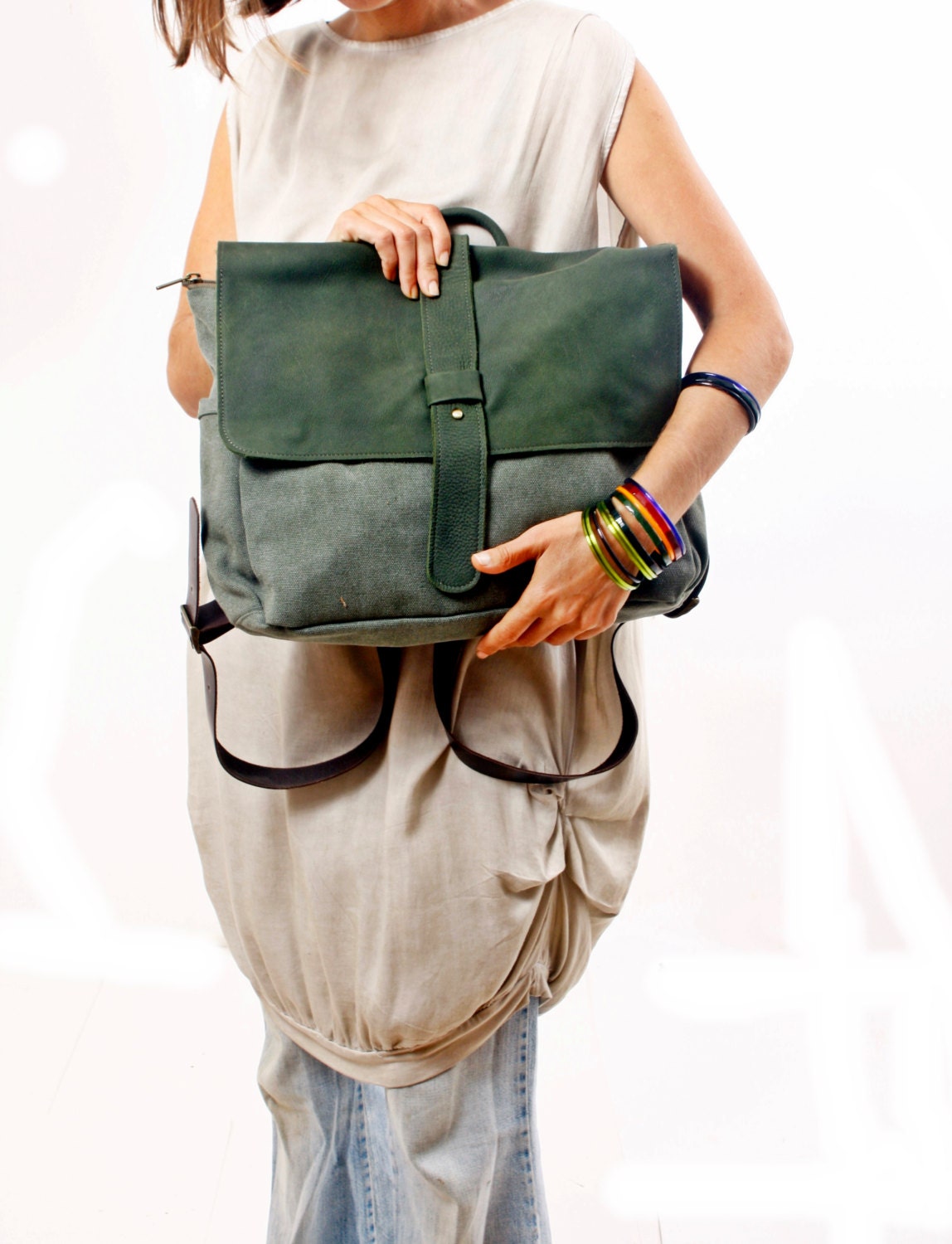 Green Canvas & Leather Backpack - Etsy Israel