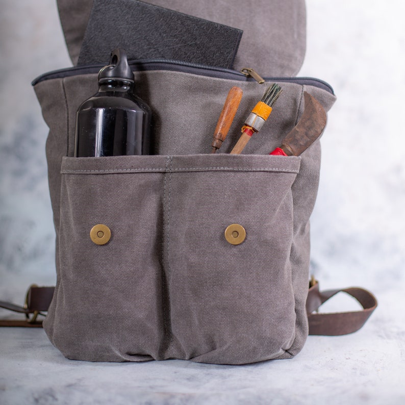 Gray Canvas Leather Backpack | Etsy