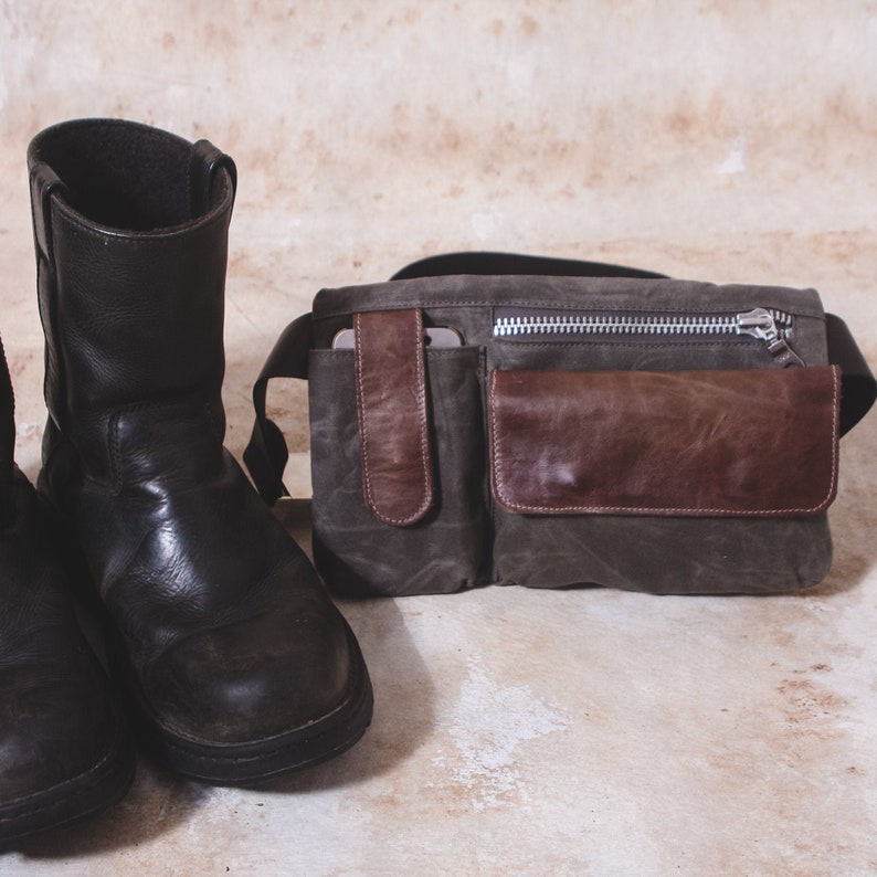 Unisex Gray Waxed Canvas Leather Phone Fanny Pack - Etsy