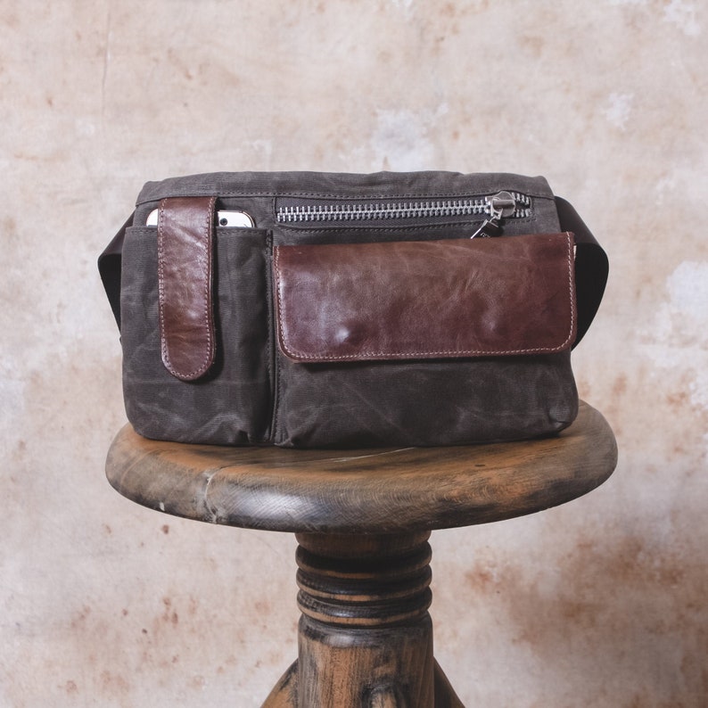 Unisex Gray Waxed Canvas Leather Phone Fanny Pack - Etsy
