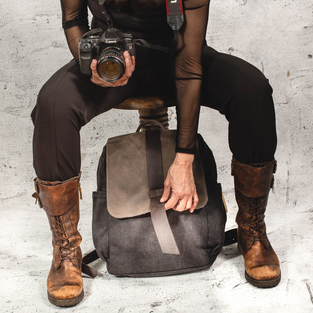 Black and Gray Leather Camera Laptop Backpack - Etsy