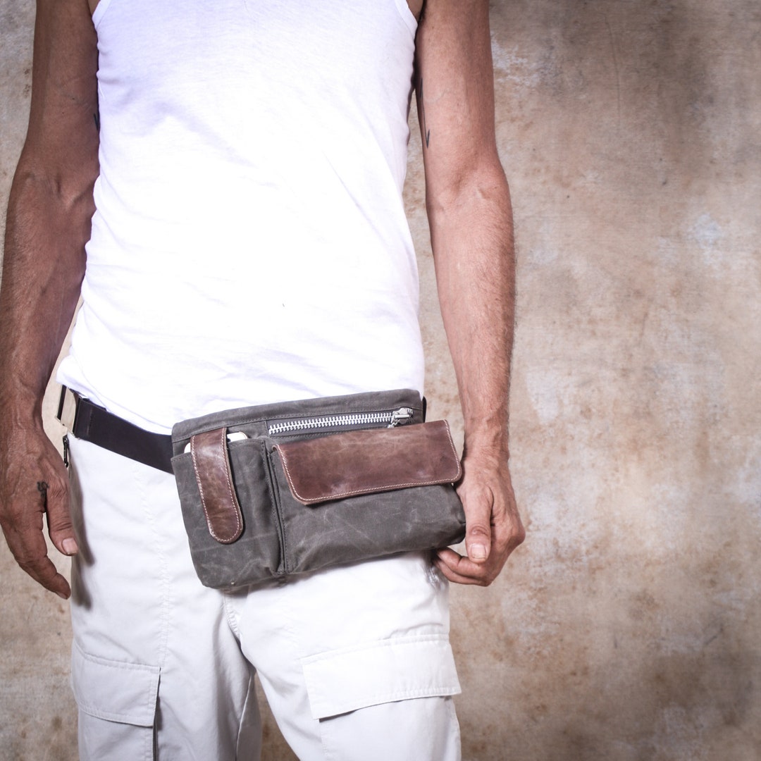 Unisex Gray Waxed Canvas Leather Phone Fanny Pack - Etsy