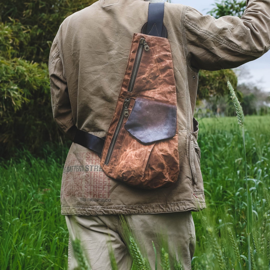 Unisex Brown Leather Waxed Canvas Sling Bag - Etsy
