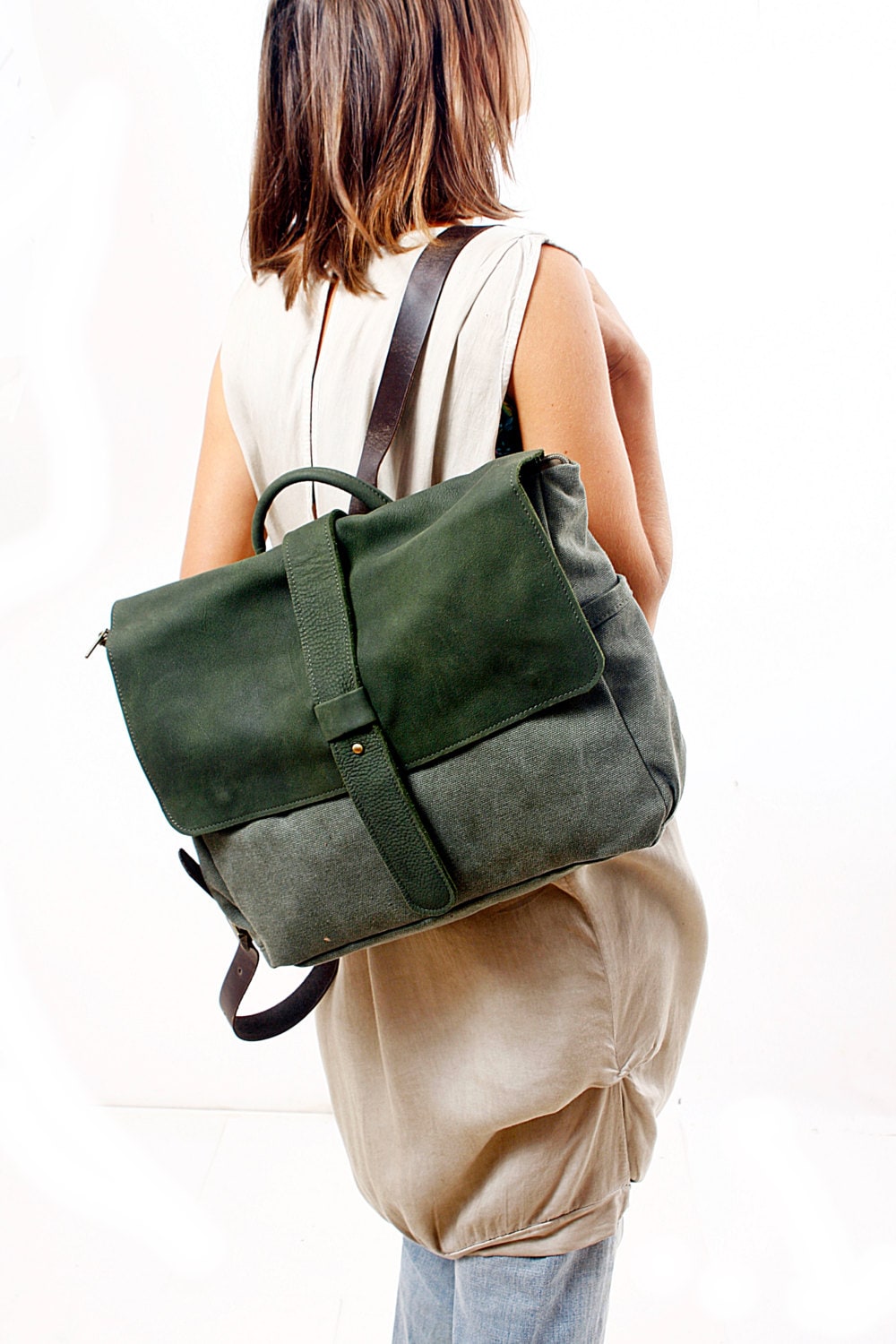 Green Canvas & Leather Backpack - Etsy Israel