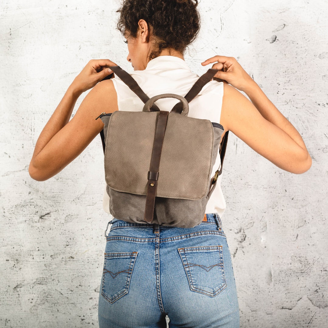 Gray Canvas Leather Backpack - Etsy