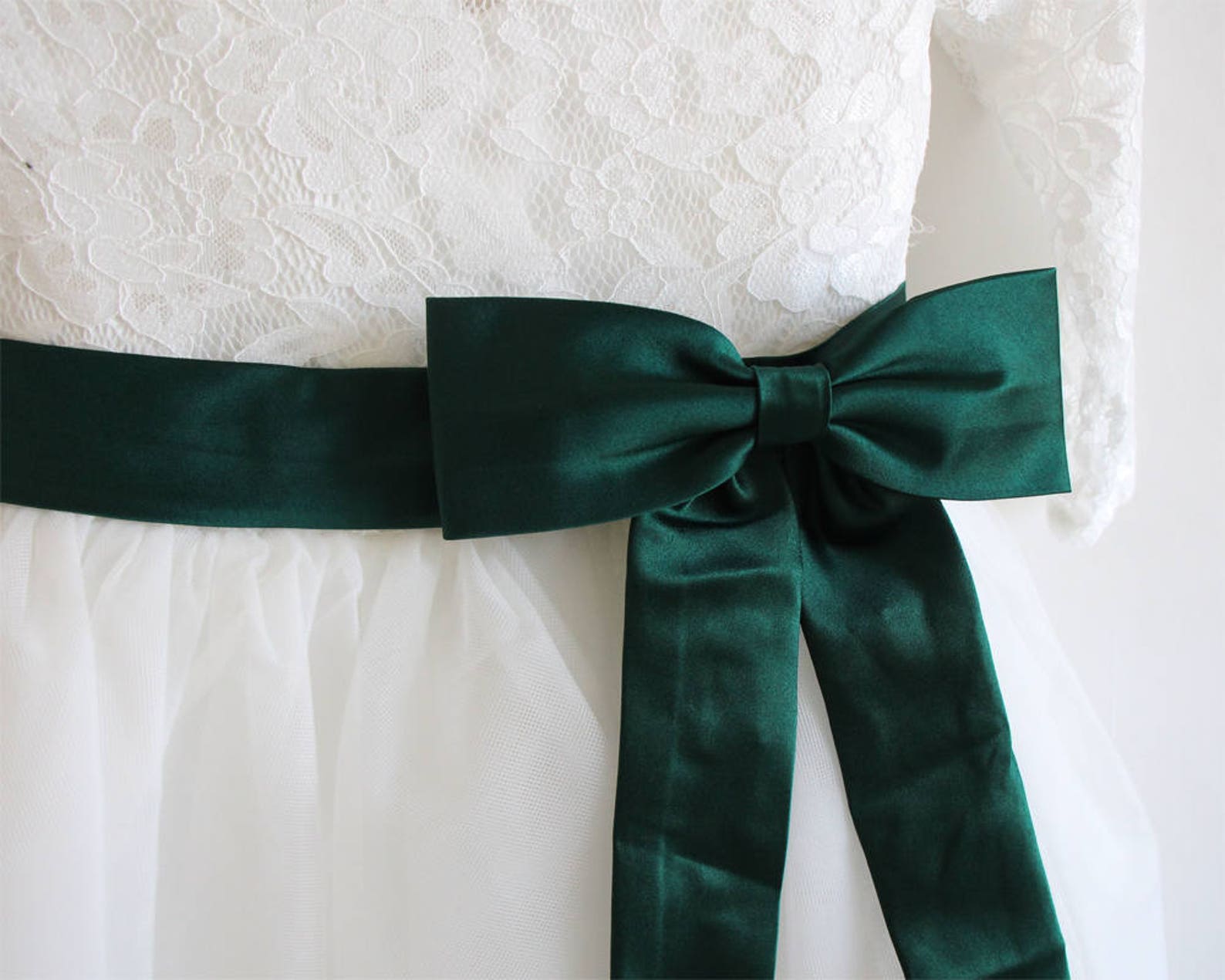 Light Ivory Flower Girl Dress Forest Green Ribbon Dress Long - Etsy