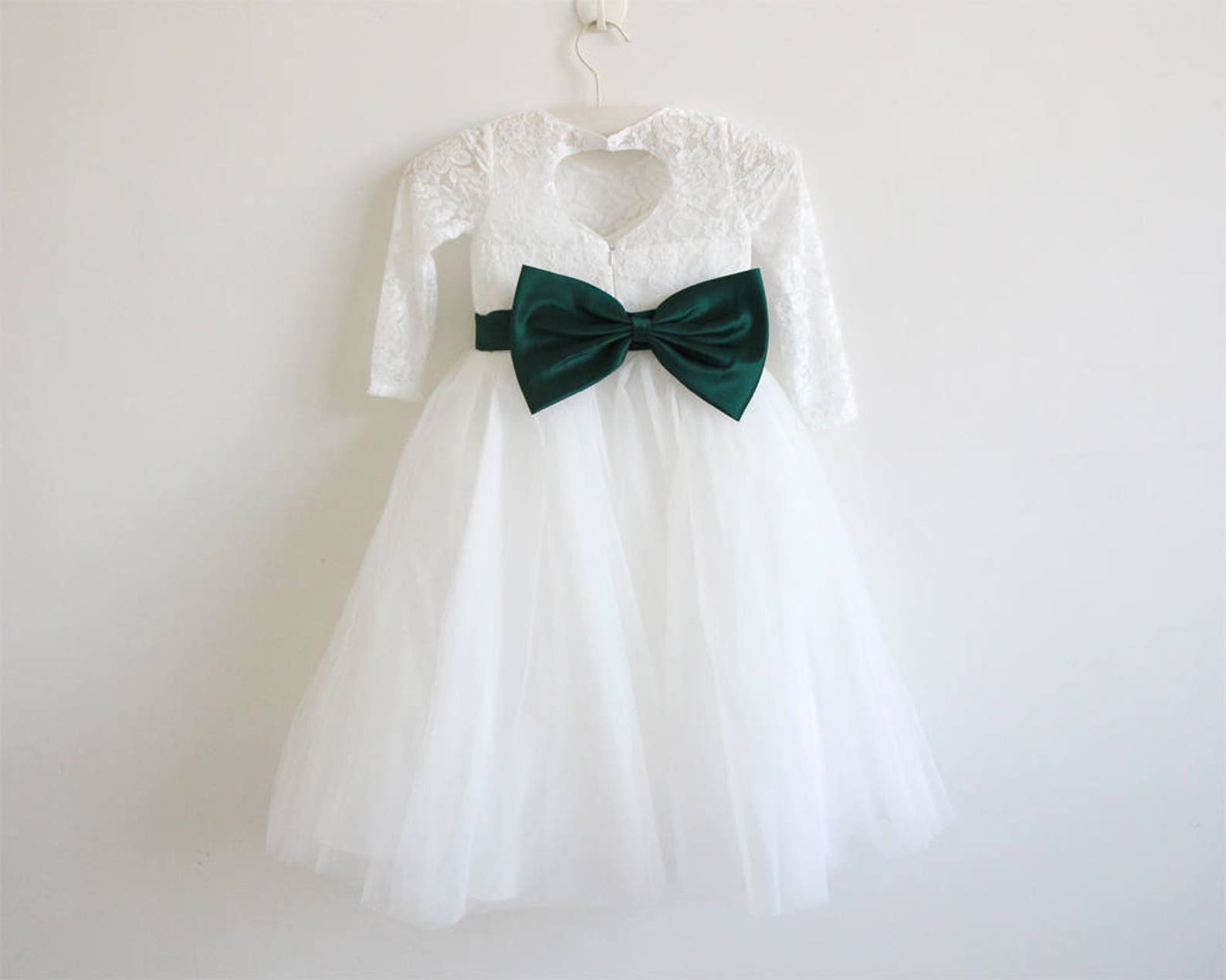 Light Ivory Flower Girl Dress Forest Green Ribbon Dress Long - Etsy