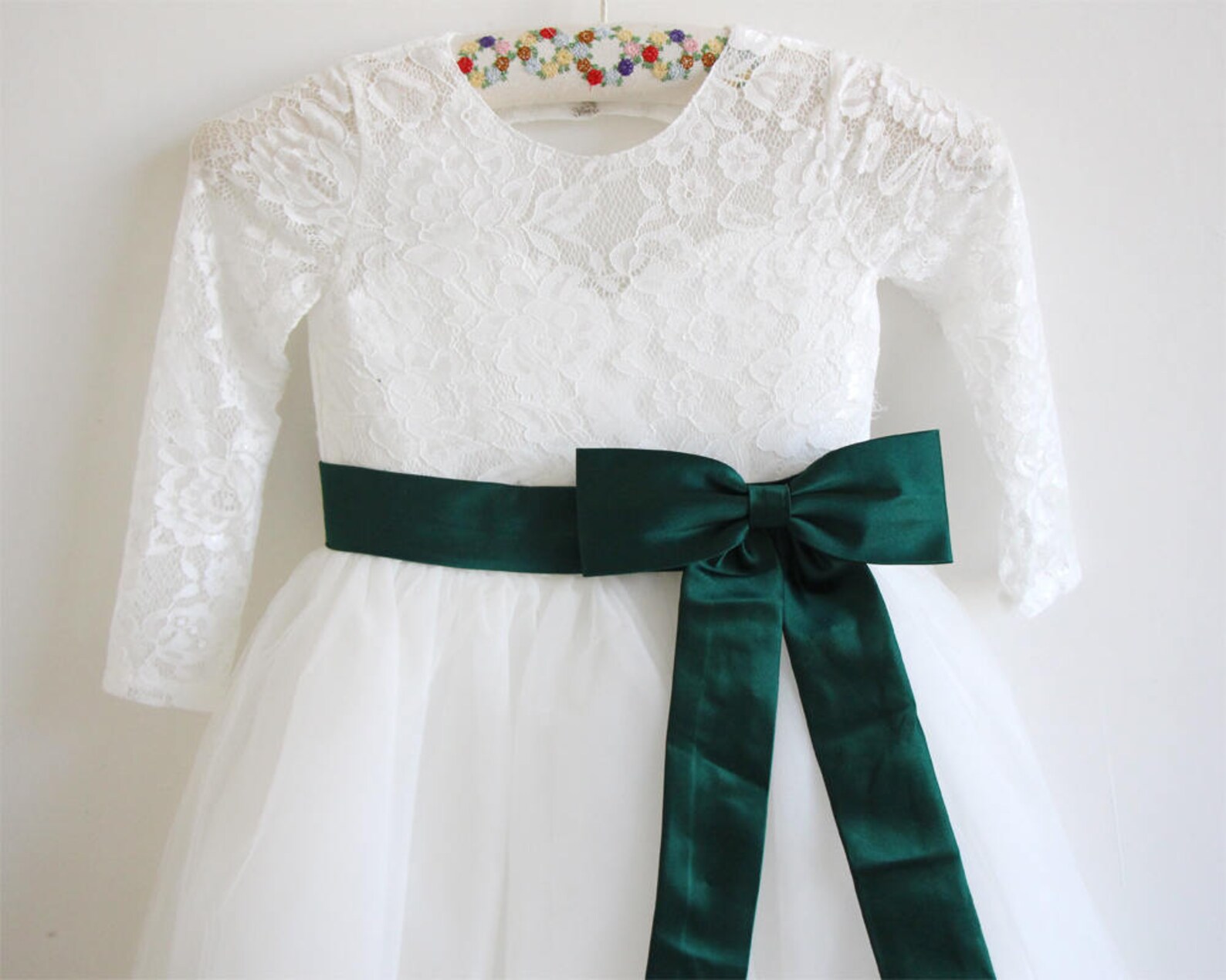 Light Ivory Flower Girl Dress Forest Green Ribbon Dress Long - Etsy