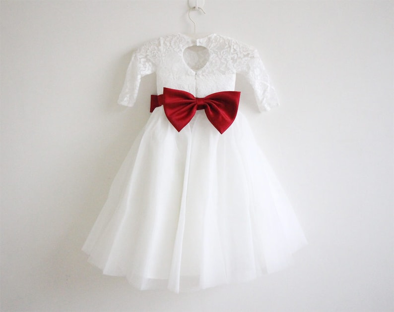 Long Sleeves Light Ivory Flower Girl Dress Wine Sash Bows Lace Etsy