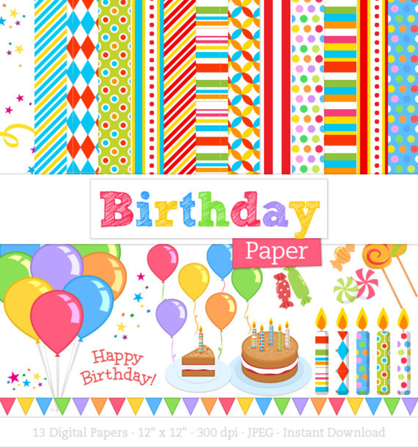 Birthday Digital Paper Pack Birthday Card Birthday Party - Etsy