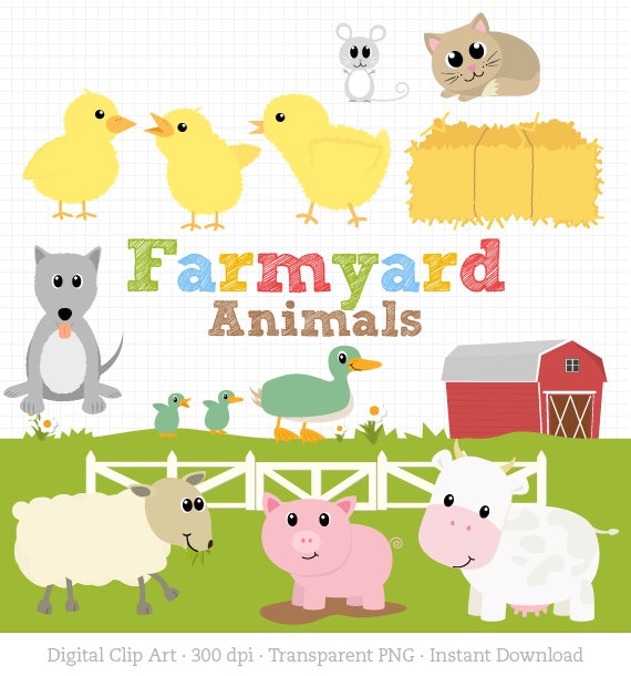 Farm Animals Clipart With Cow Sheep Pig Chicks Dog Cat - Etsy