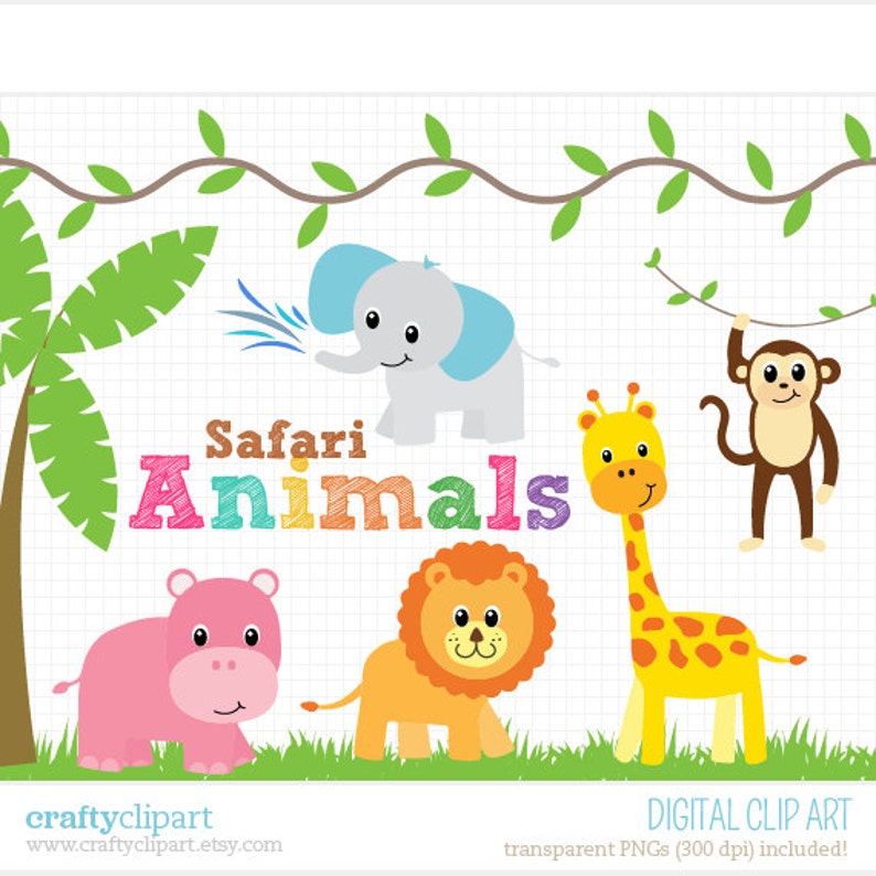 Safari Animals Clipart, Lion, Giraffe, Monkey, Elephant, Hippo Instant ...