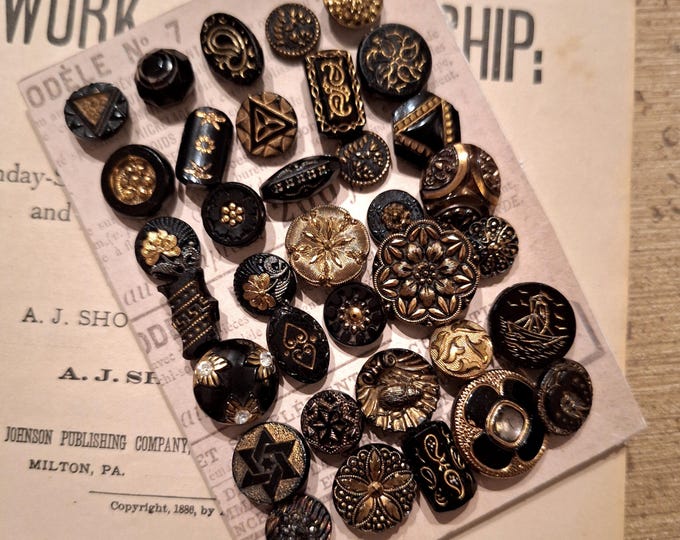Antique Glass Button Lot of 35- Black Glass Buttons With Gold Accents ...