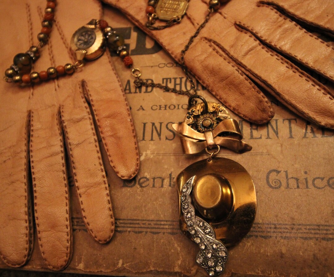 Assemblage Necklace With Brass Cavalier Hat & Bow, Victorian Buttons ...