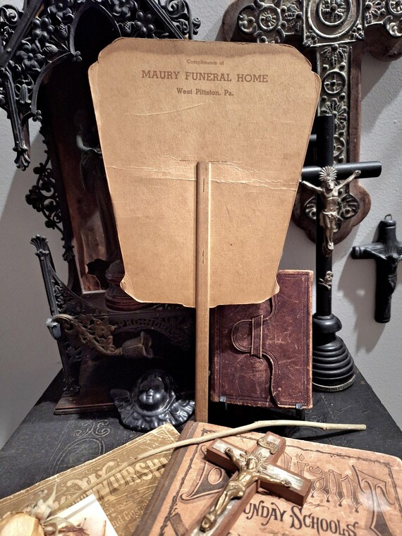 Antique Hand Fans- Pair of 1930s "Funeral" Fans- Card… - Gem
