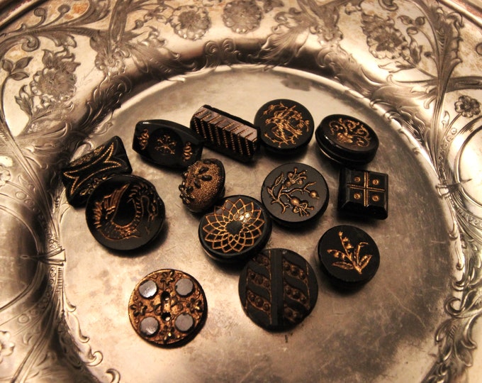 Victorian-edwardian Luster Buttons - Antique Black and Gold Glass ...