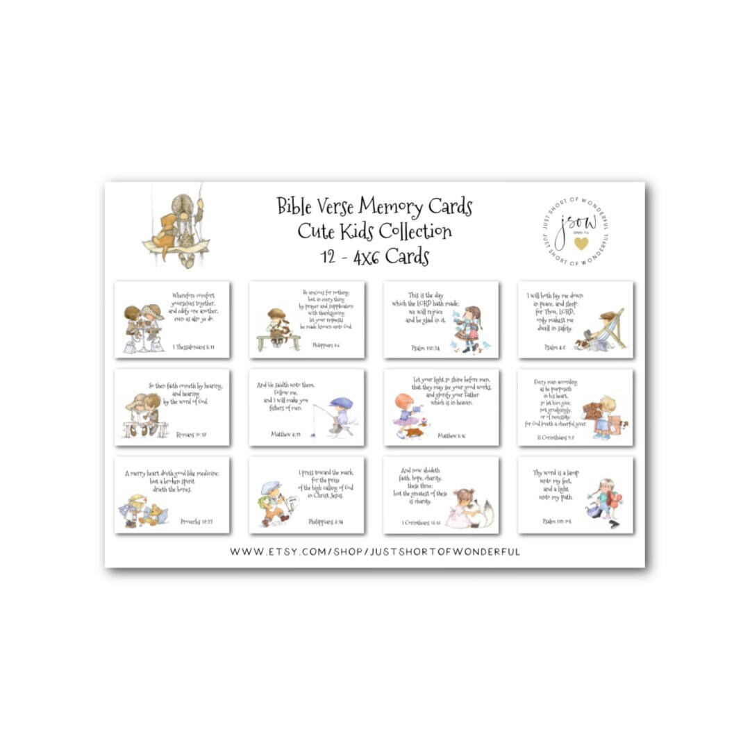 Bible Memory Cards for Kids, 12 Scripture Cards for Kids, Memory Cards ...