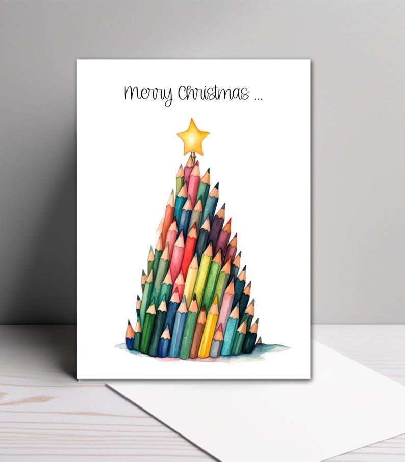 Teacher Christmas Card, Pencil Tree Design, Thank You Card - Etsy